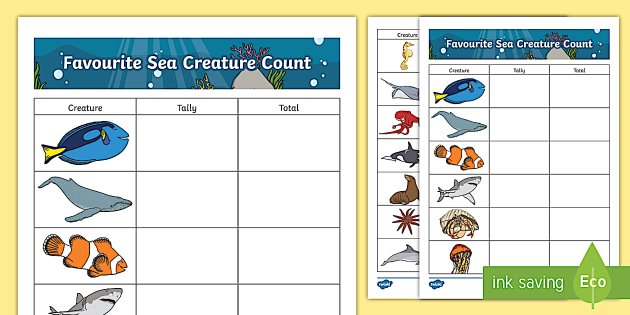 Editable Favourite Sea Creatures Tally Worksheet - Twinkl
