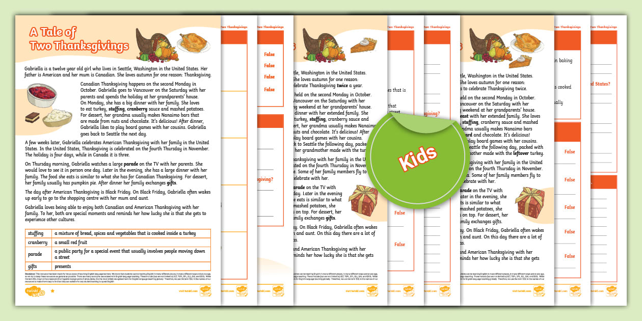 Twinkl ESL Thanksgiving Reading Comprehension - Twinkl