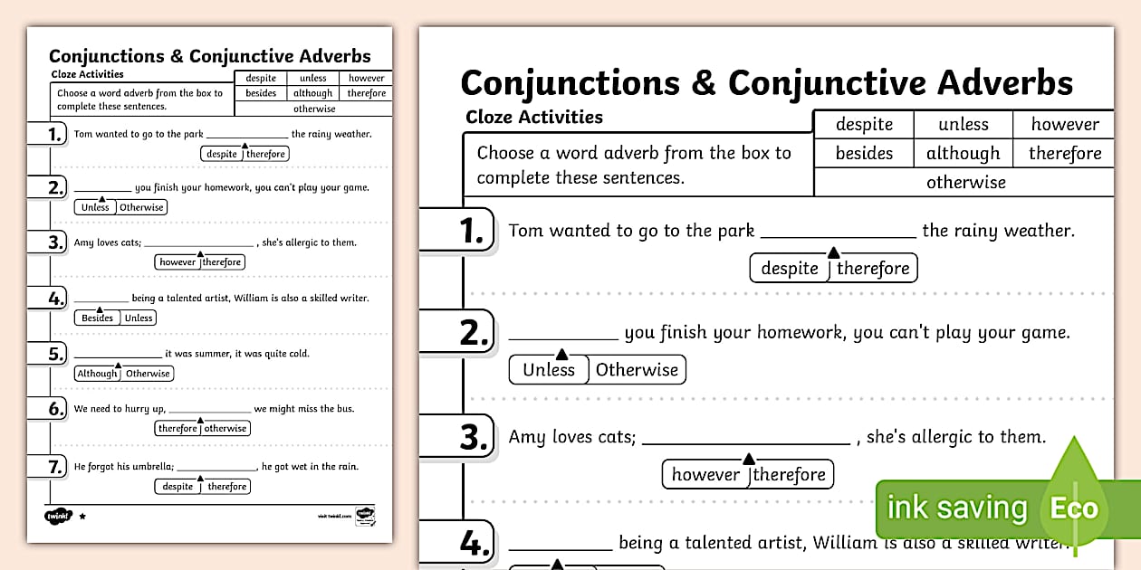 Conjunctions and Conjunctive Adverbs Cloze Activity Sheets