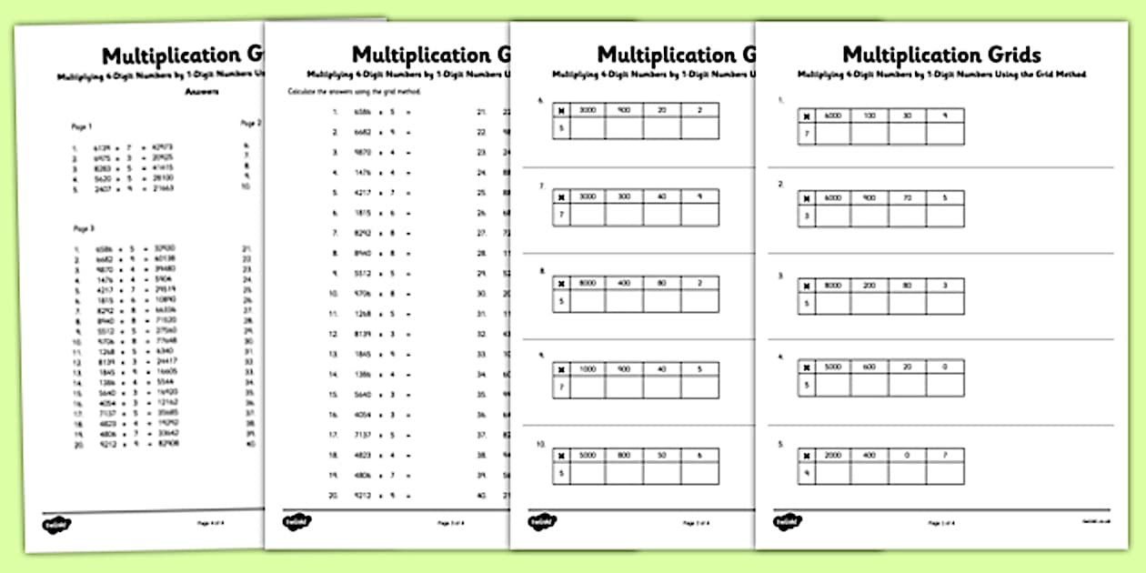 Editable Multiplying 4-Digit Numbers by 1 Digit Numbers Using Grid Method