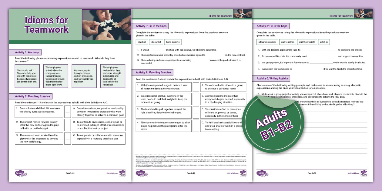 ESL Idioms for Teamwork Worksheet [Adults, B1-B2] - Twinkl
