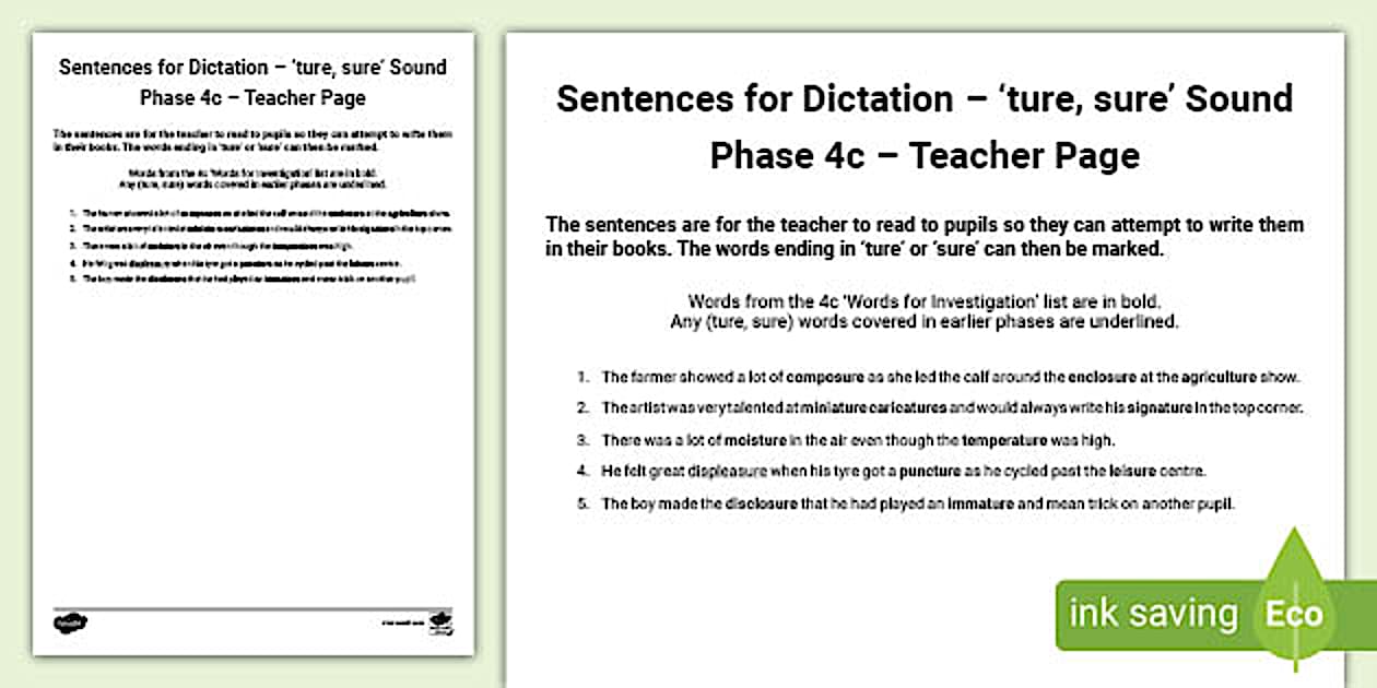 Linguistic Phonics Phase 4c 'ture, sure' Dictation Sentences Teacher ...
