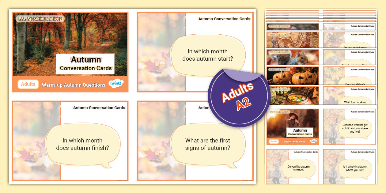 Set of 100 ESL Autumn Conversation Cards for A2 adults
