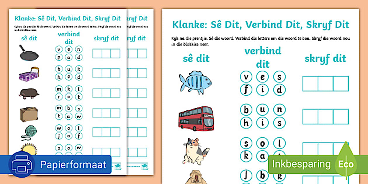 Klanke: Sê Dit, Verbind Dit, Skryf Dit Aktiwiteit - Twinkl