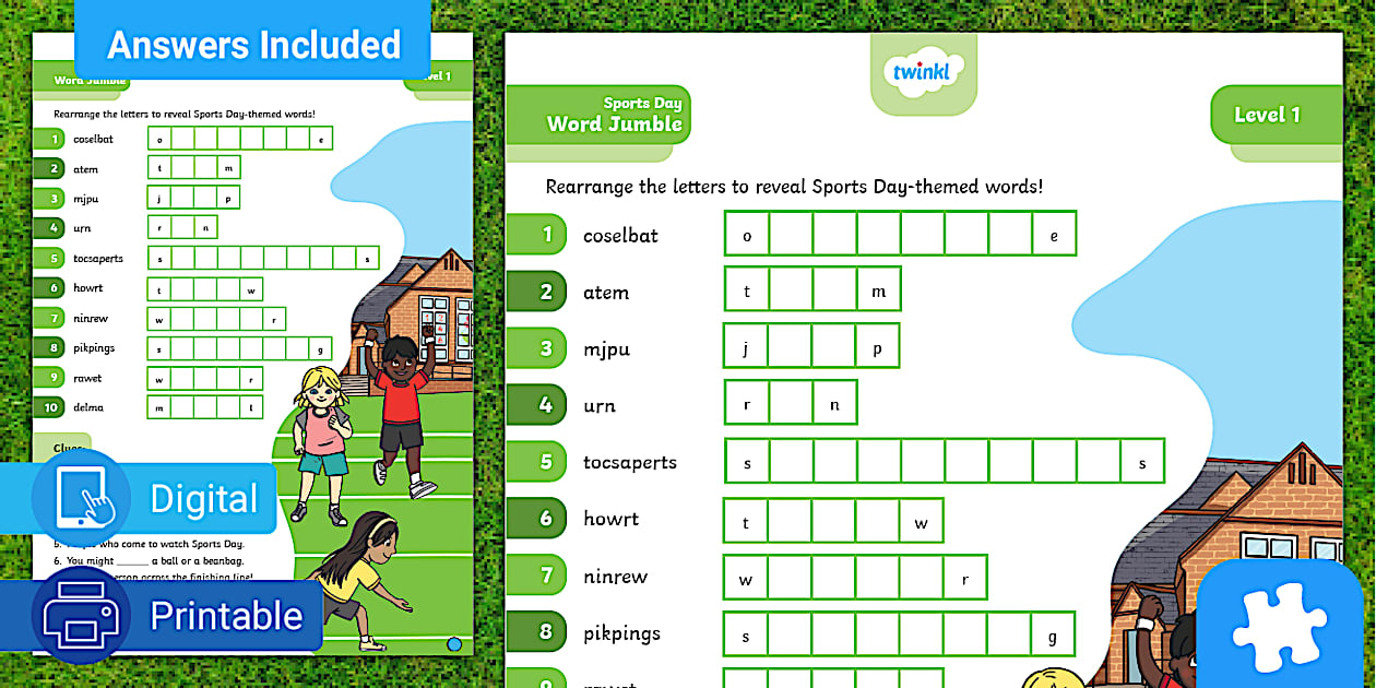 Sports Day Themed Fun Word Jumble Puzzle - L1 - Kids
