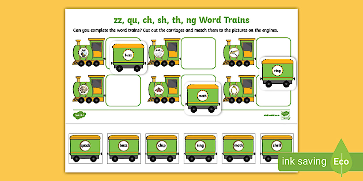 Editable zz, qu, ch, sh, th, ng Phase 3 Phonics Train Cut and Stick Matching