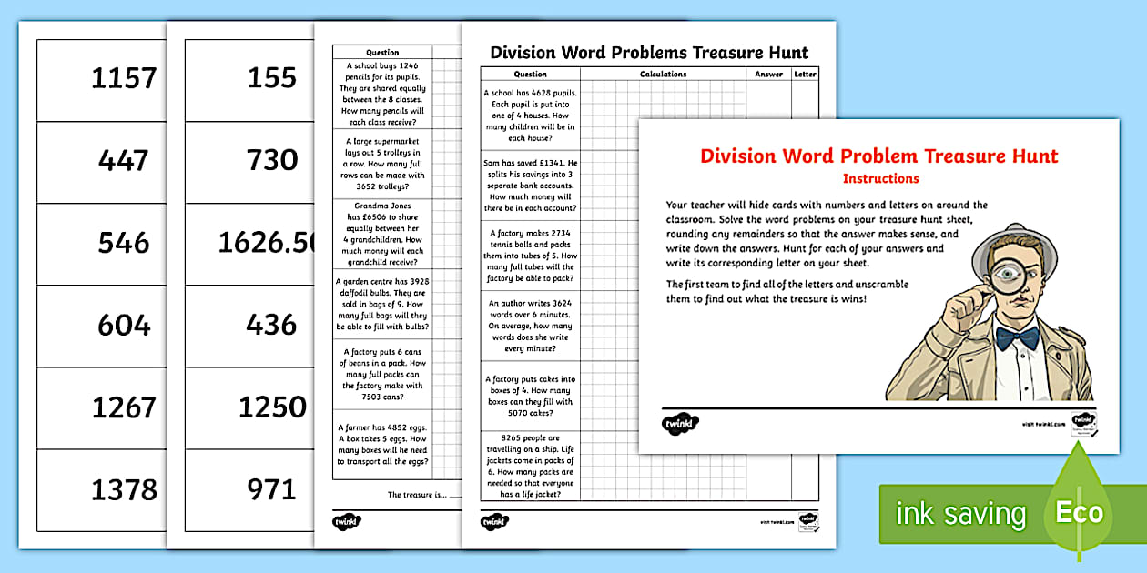 Editable Division Word Problems Treasure Hunt Activity