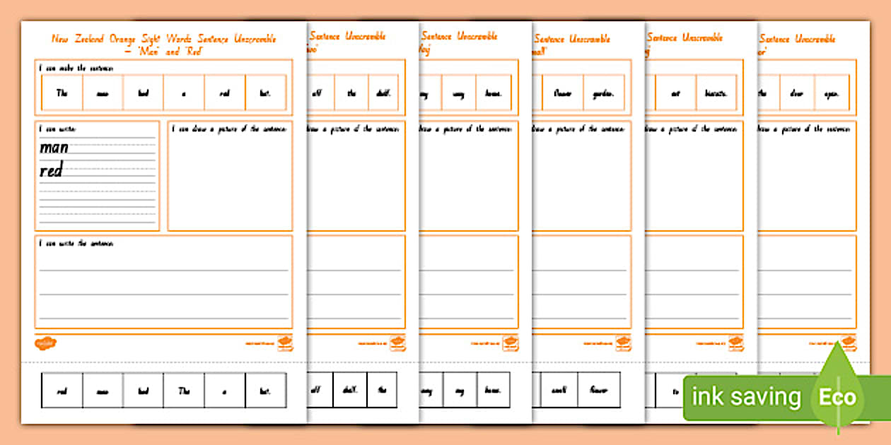 Editable New Zealand Reading Orange Sight Words Sentence Unscramble