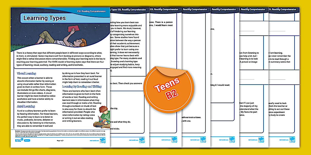 ESL Learning Types Reading Comprehension for Teens - Twinkl