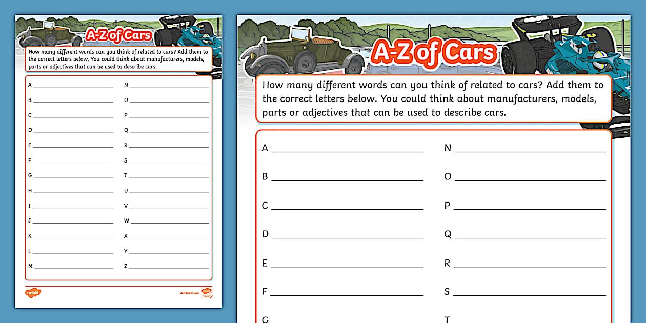 An A-Z of Cars Activity Sheet - Twinkl - KS2 (teacher made)