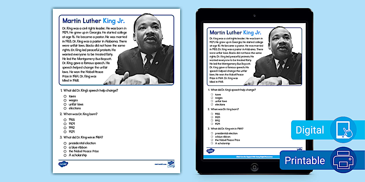 Martin Luther King Jr. Reading Passage Comprehension