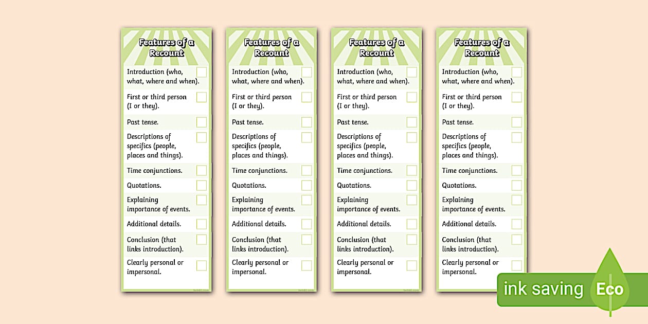 Features of a Recount Bookmark Checklist - Twinkl