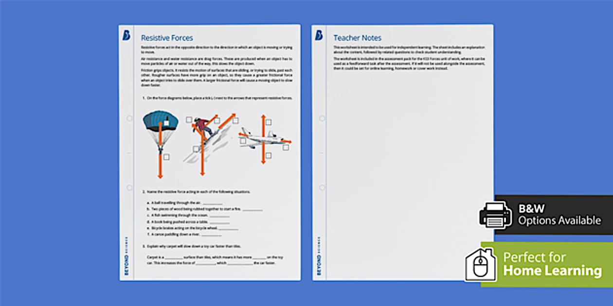 Resistive Forces Independent Learning Worksheet | Beyond