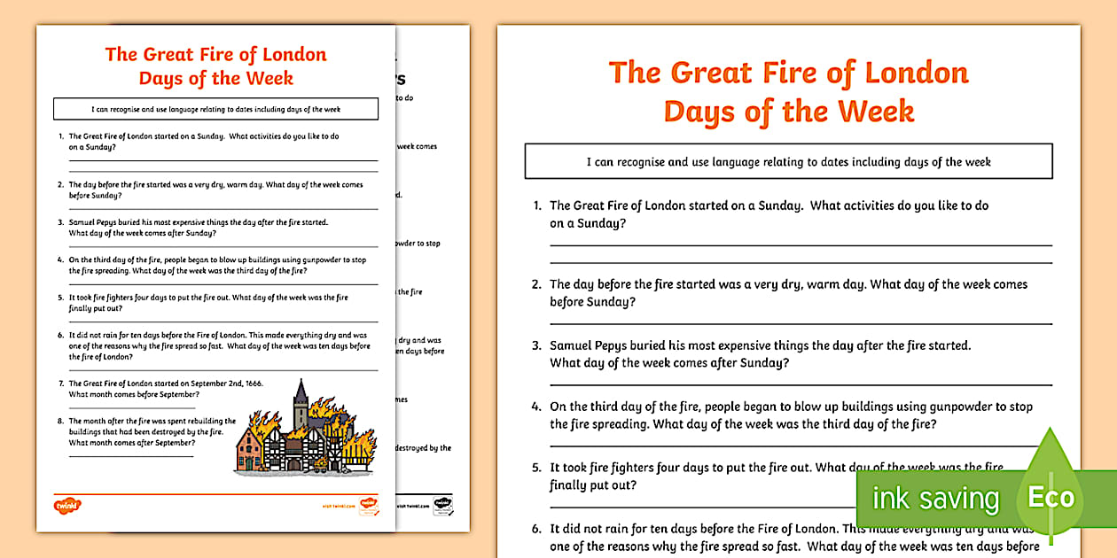 The Great Fire of London Days of the Week Worksheet - Twinkl