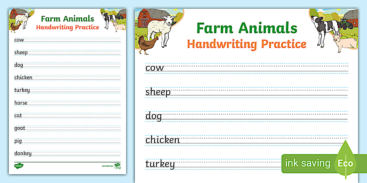 Farm Animal Handwriting Practice Worksheet - Twinkl