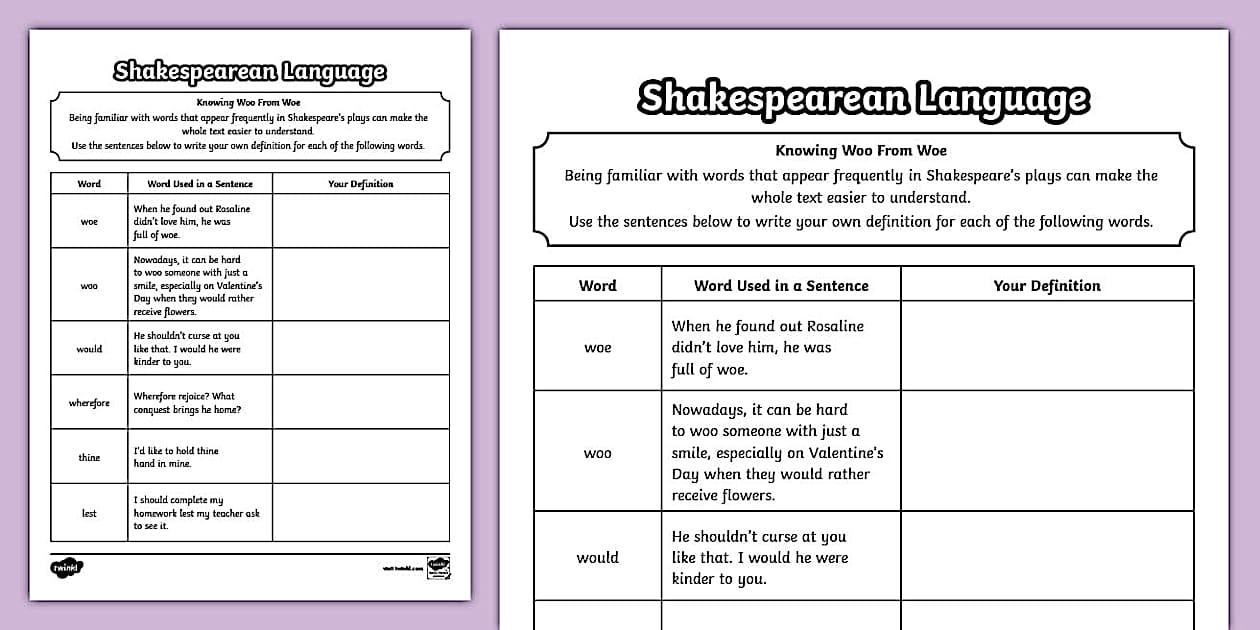 Shakespearean Language Worksheet for 6th-8th Grade - Twinkl