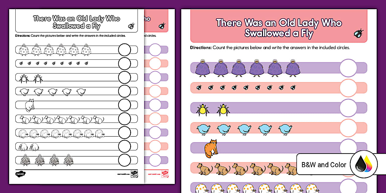 There Was an Old Lady Who Swallowed a Fly Counting 1-10 Worksheet