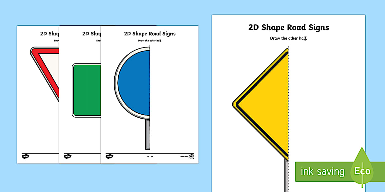 Black and White 2D Shape Road Sign Draw the Other Half Worksheet