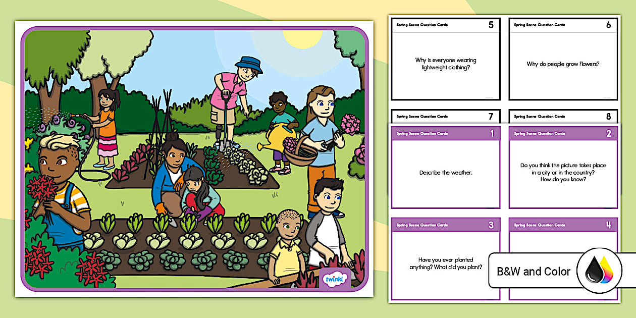 Spring Scene and Question Cards for K-2nd Grade - Twinkl