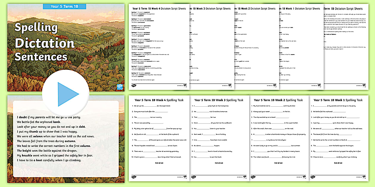 Year 5 Term 1B Spelling Dictation Sentences Activity Pack