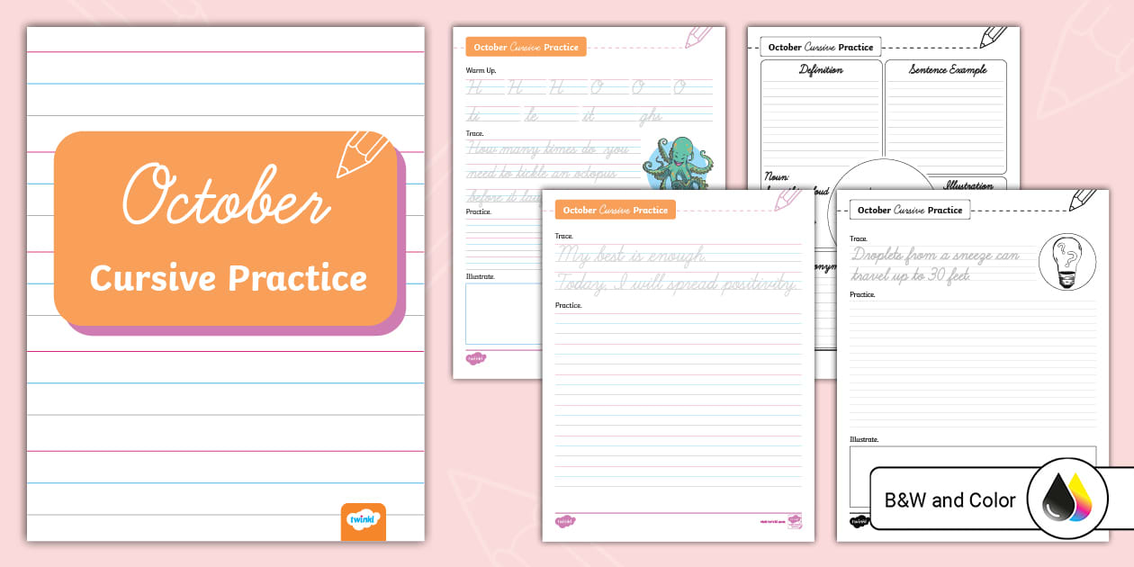 Fourth Grade October Cursive Practice Pack