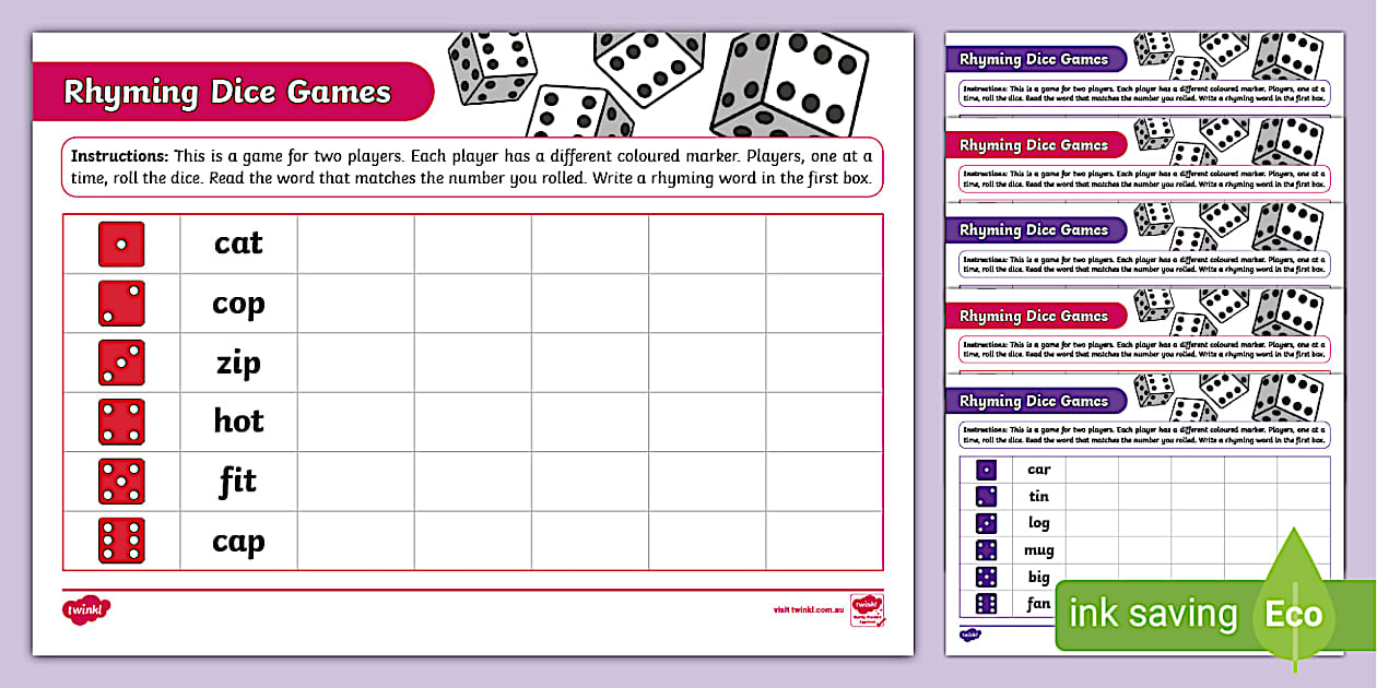 Rhyming Dice Game | F-2 English | Twinkl (teacher made)