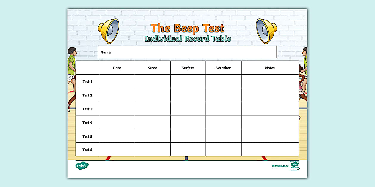 Beep Test Fitness Challenge Individual Recording Table