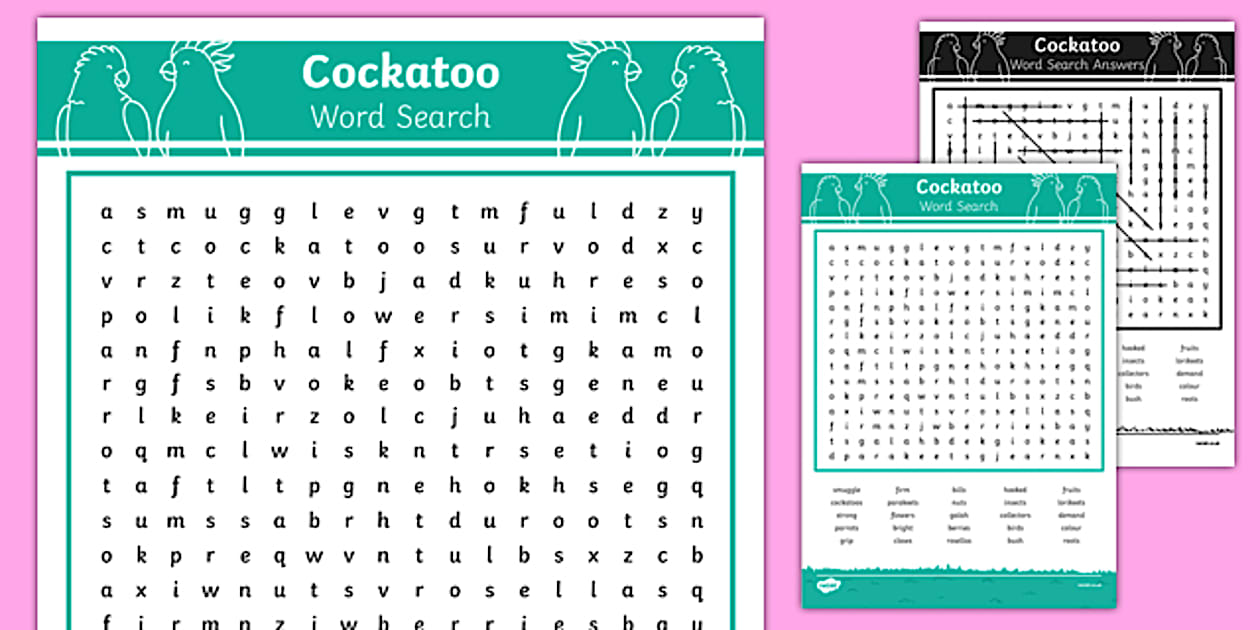 Black and White Australian Animals Years 3-6 Cockatoo Word Search