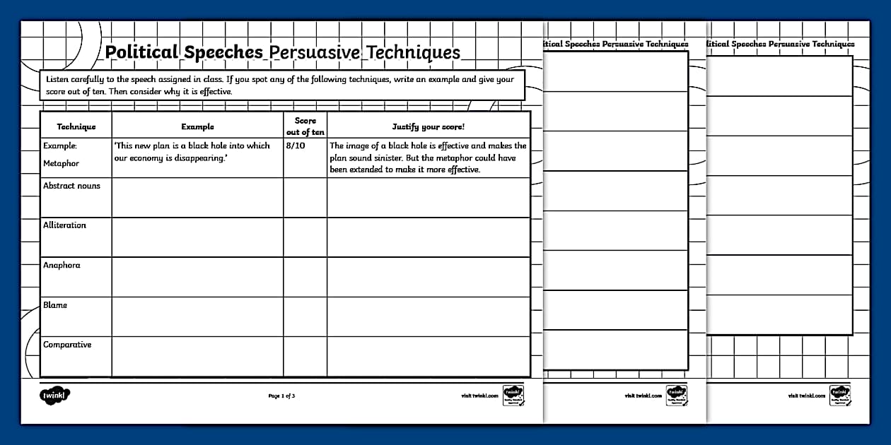 Persuasive Speech Analysis Worksheet for 6th-8th Grade