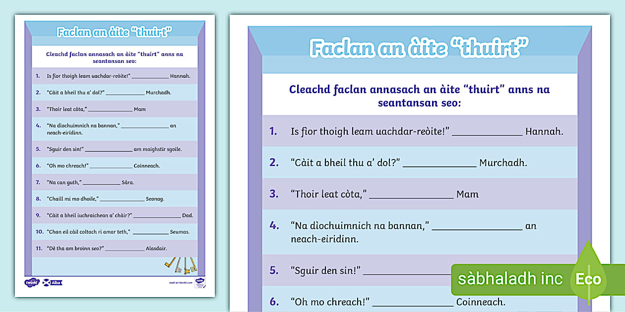 Faclan Eile airson Thuirt - Duilleag-gnìomh (Teacher-Made)
