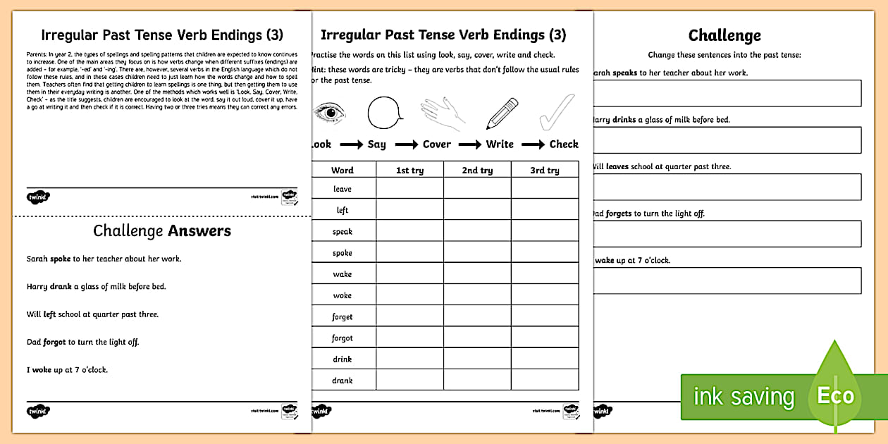 Year 2 Spelling Practice Irregular Past Tense Verb Endings (3) Worksheet