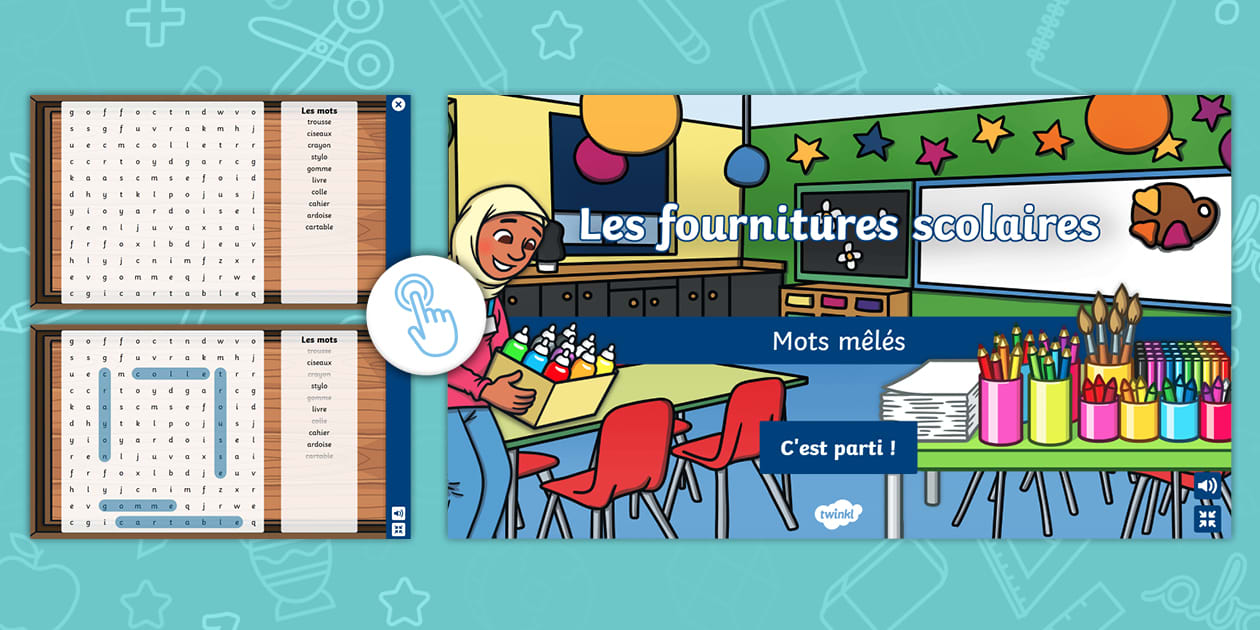 Mots mêlés interactif : Les fournitures scolaires - Twinkl