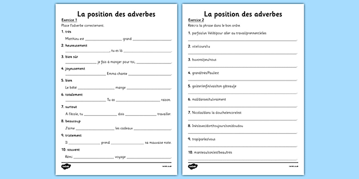 La position des adverbes French (Teacher-Made) - Twinkl