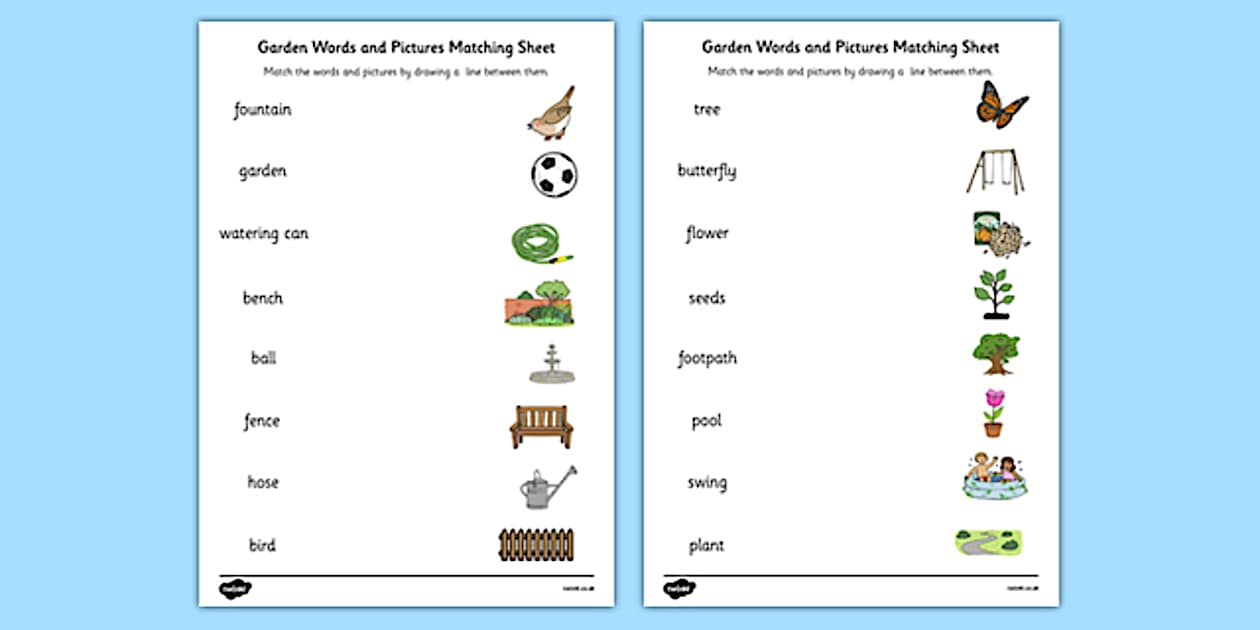 Cursive Garden Words and Picture Matching Worksheet - Twinkl