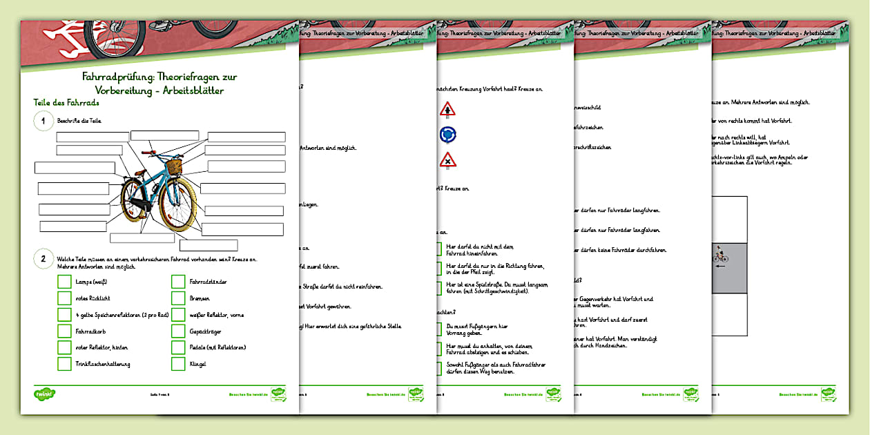 Fahrradprüfung: Theoriefragen zur Vorbereitung - Arbeitsblätter