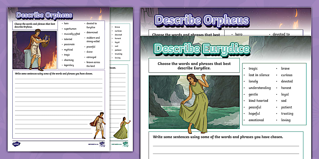 Describe Orpheus and Eurydice Worksheet Pack