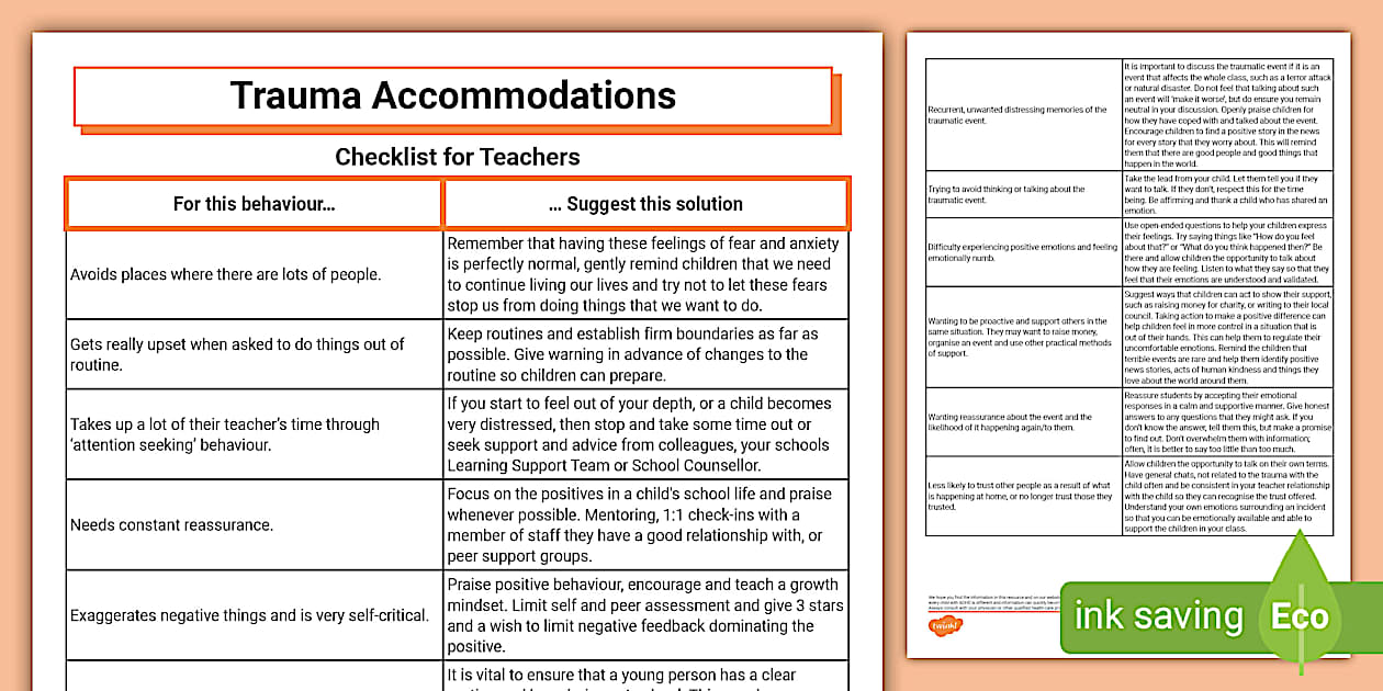 Trauma Accommodations Checklist for Teachers (teacher made)
