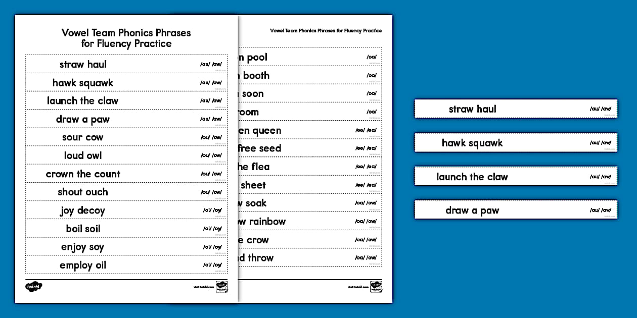 Vowel Team Phonics Phrases Fluency Practice for 1st-2nd Grade