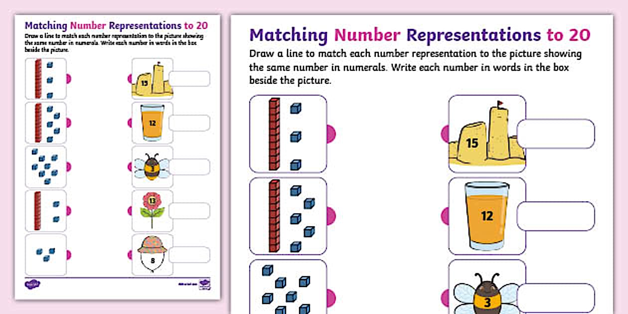 Summer-Themed Matching Number Representations to 20 Worksheet