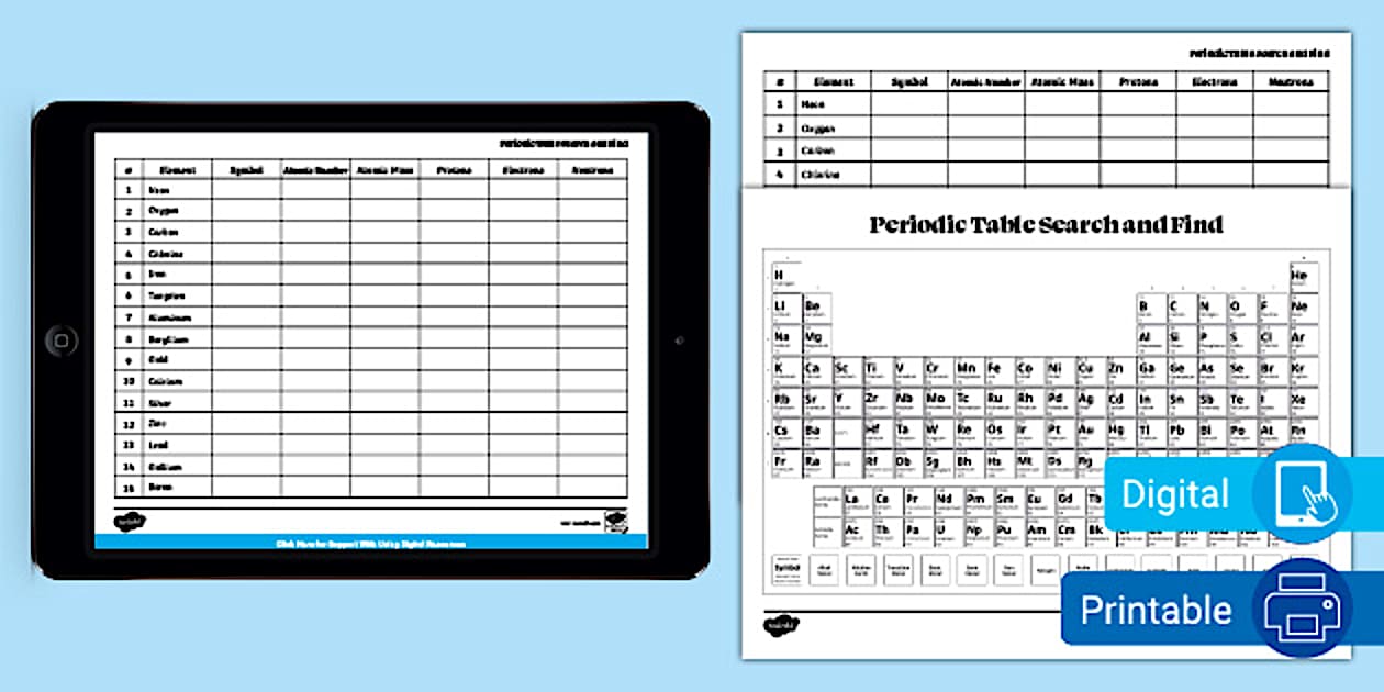 Eighth Grade Periodic Table Search and Find Worksheet