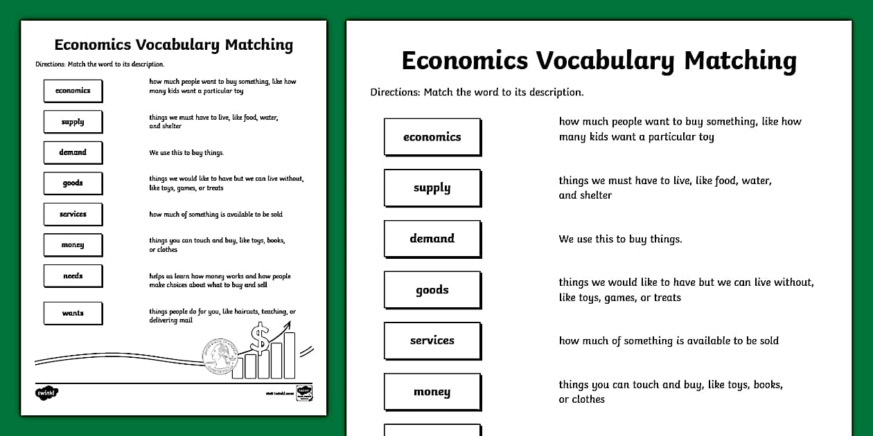 Basic Economics Vocabulary Matching Worksheet for 3rd-5th Grade