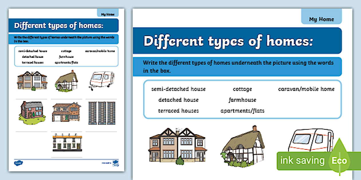 Different Types of Homes Labelling Worksheet - Twinkl