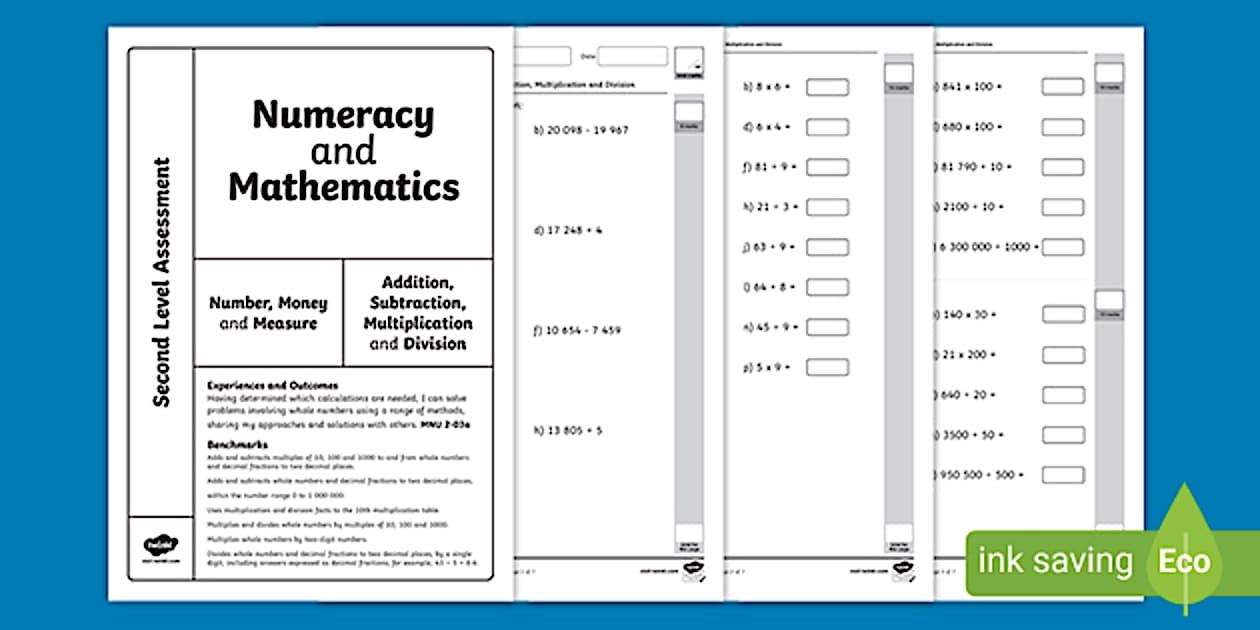 Editable Second Level Numeracy and Mathematics Assessment - Addition,