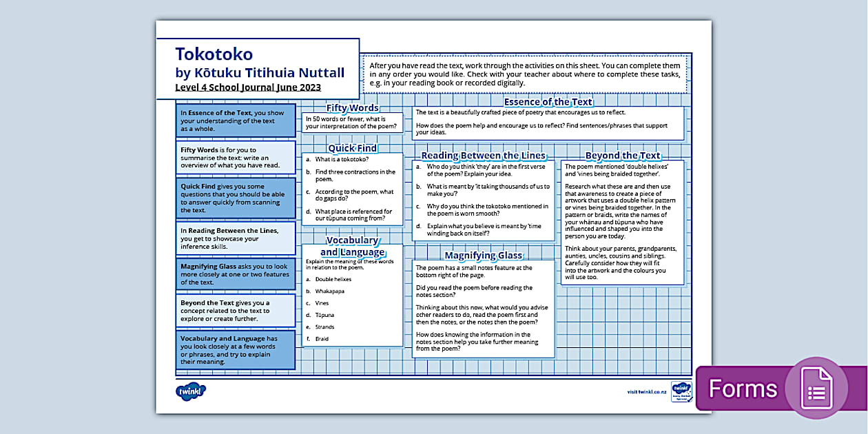 Level 4 June 2023 School Journal: Tokotoko (Poem Comprehension)