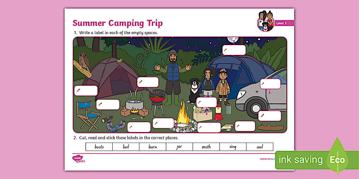 Phonics Level 3 Summer Camping Trip Picture Worksheet