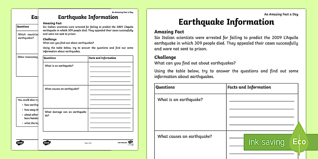 Earthquake Information Worksheet / Worksheet (teacher made)