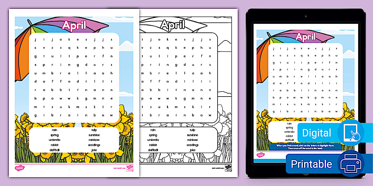 April Word Search for K-2nd Grade