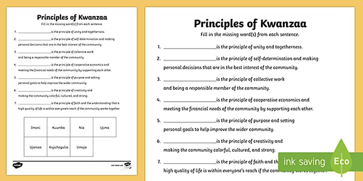 Principles of Kwanzaa Worksheet for 3rd-5th Grade - Twinkl