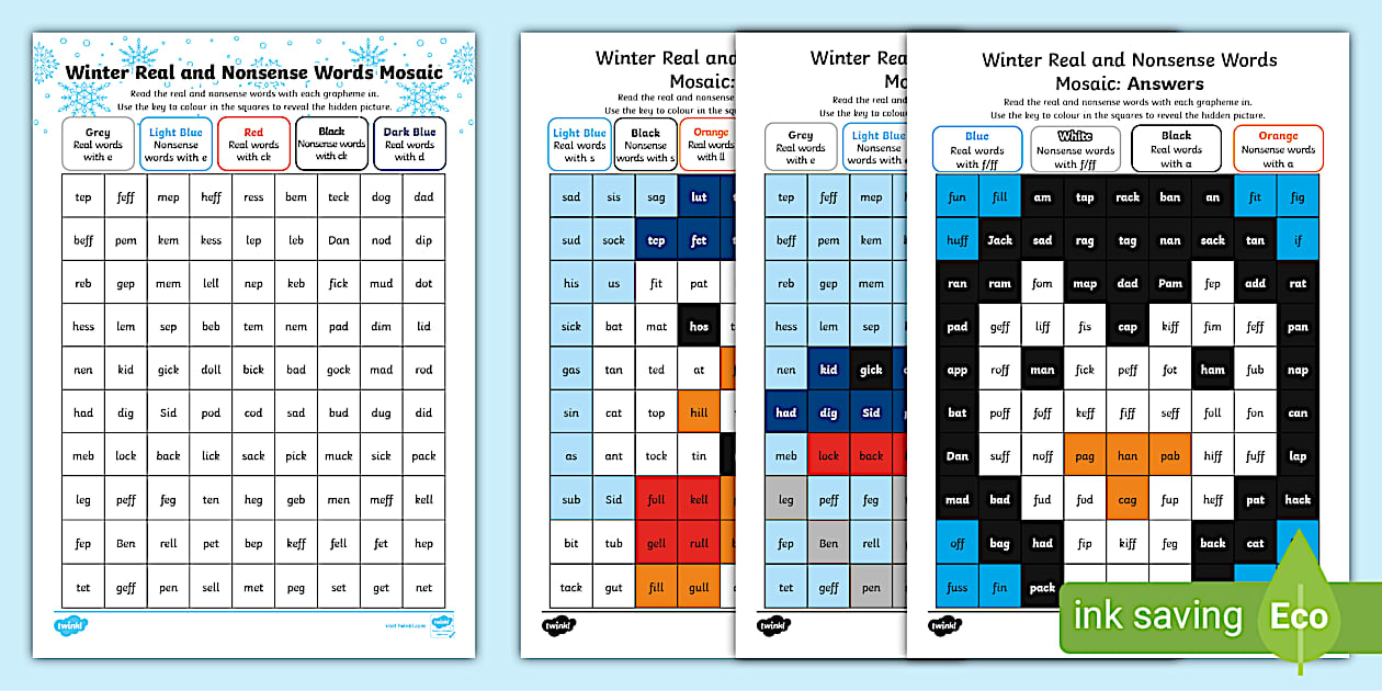 Winter Phase 2 Phonics Mosaic Worksheets - Primary Resource