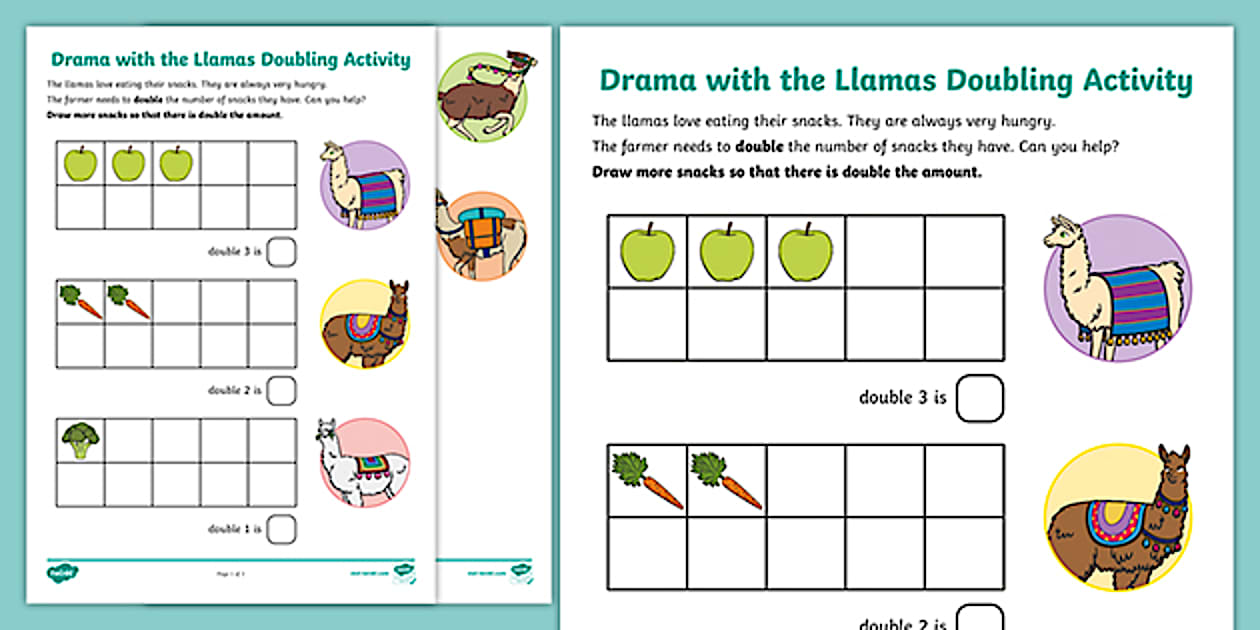 👉 Drama with the Llamas - Doubling Worksheet - Twinkl